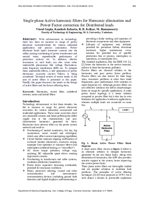 (PDF) Single phase Active harmonic filters for Harmonic elimination and Power Factor correction ...