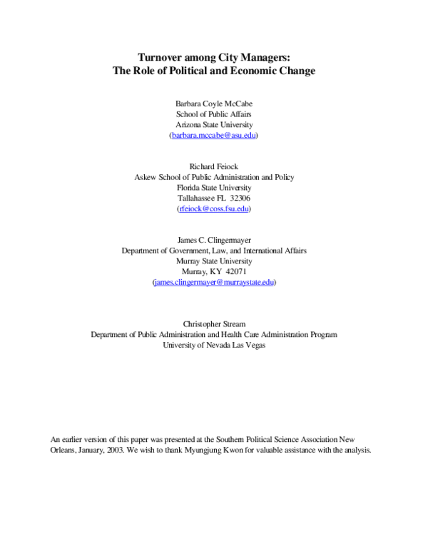 (PDF) Turnover among City Managers: The Role of Political and Economic ...