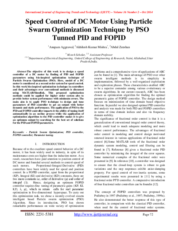 (PDF) Speed Control of DC Motor Using Particle Swarm Optimization Technique by PSO Tunned PID ...