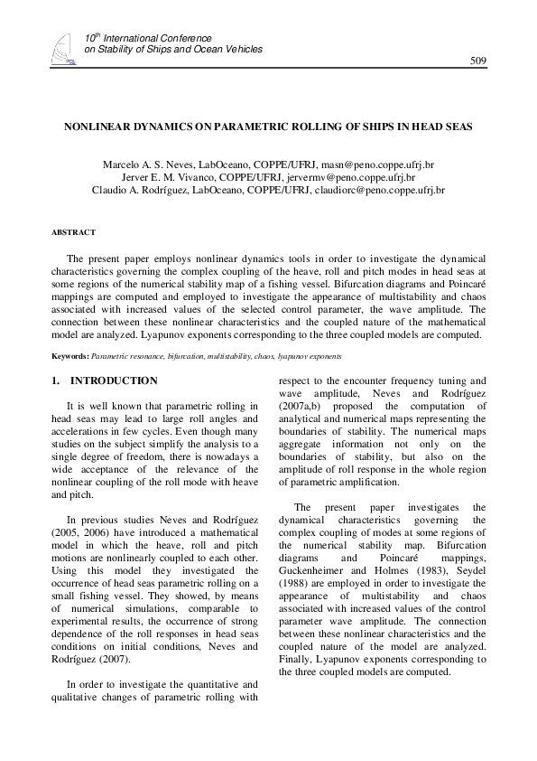 (PDF) Nonlinear Dynamics on Parametric Rolling of Ships in Head Seas