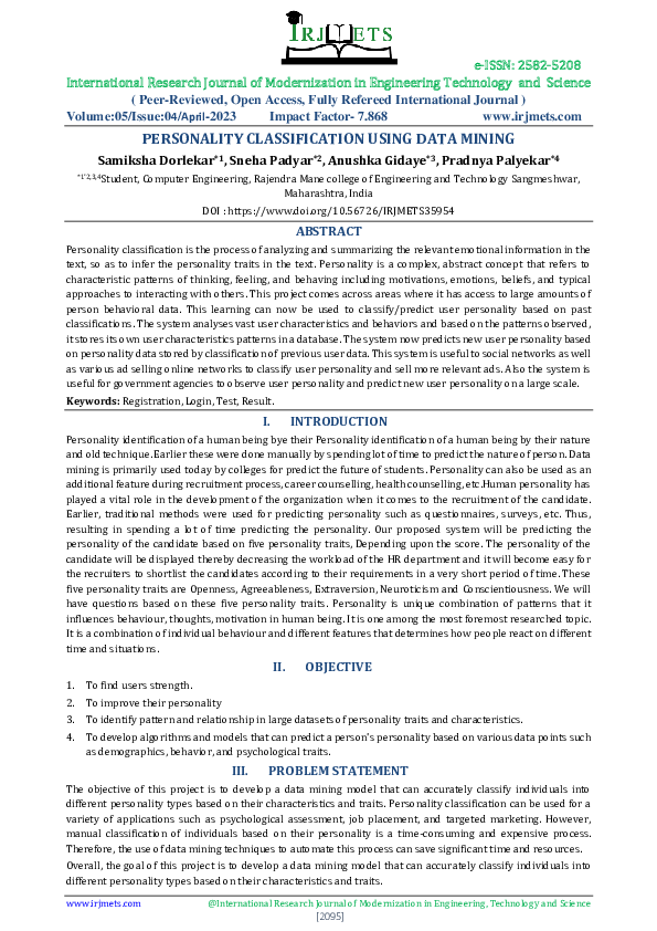 (PDF) Mining Behavioral Data for Personality Classification
