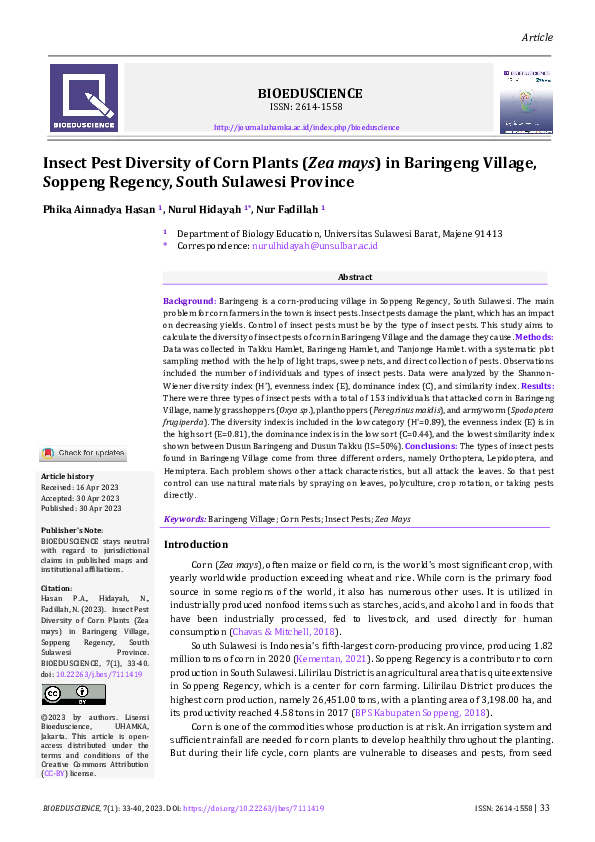 (PDF) Insect Pest Diversity of Corn Plants (Zea mays) in Baringeng ...