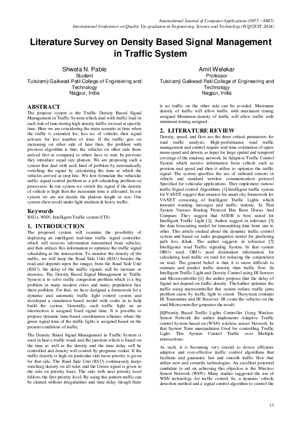 (PDF) Literature Survey on Density based Signal Management in Traffic System