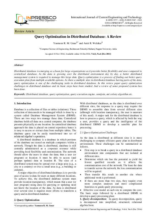 (PDF) Query Optimization in Distributed Database: A Review