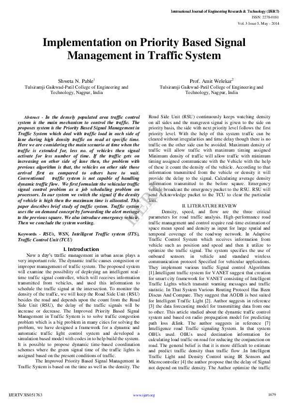 (PDF) Implementation on Priority Based Signal Management in Traffic System