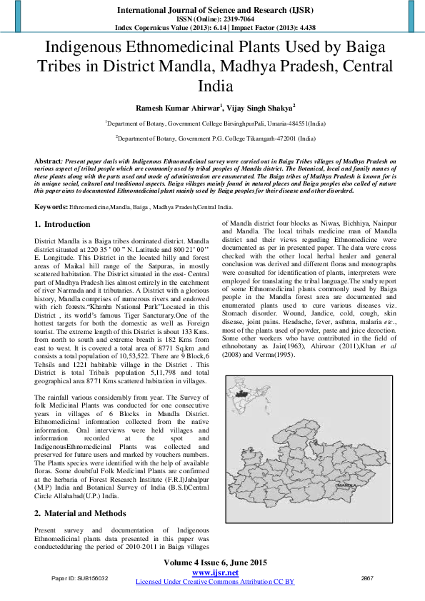 (PDF) Indigenous Ethnomedicinal Plants Used by Baiga Tribes in District Mandla, Madhya Pradesh ...