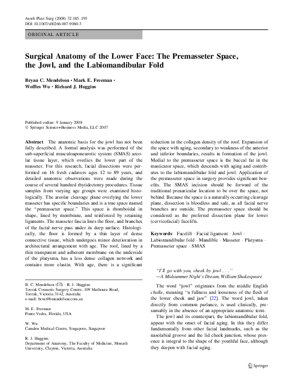 (PDF) Surgical Anatomy of the Lower Face: The Premasseter Space, the ...