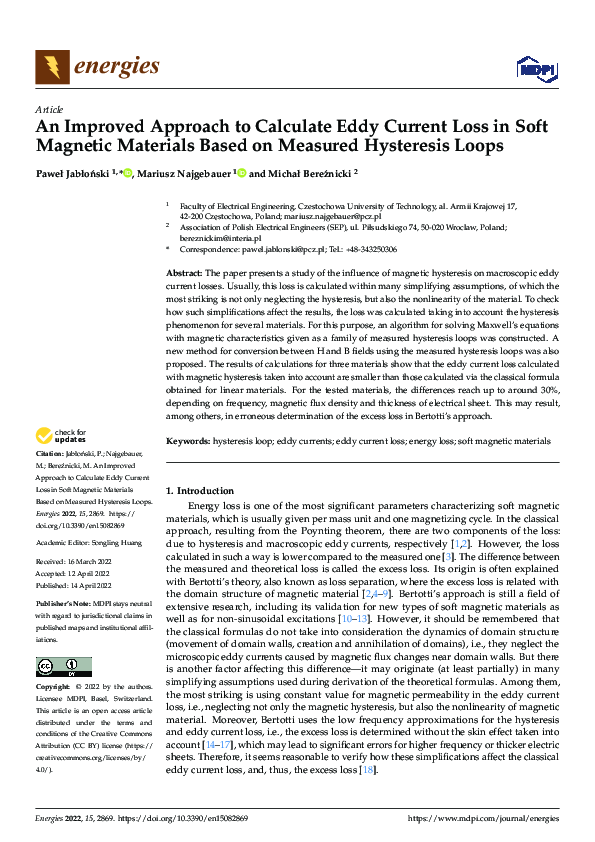 (PDF) An Improved Approach to Calculate Eddy Current Loss in Soft Magnetic Materials Based on ...