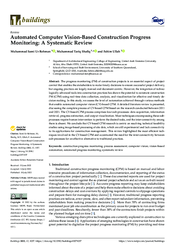 (PDF) Automated Computer Vision-Based Construction Progress Monitoring: A Systematic Review