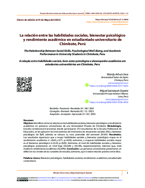 (PDF) La relación entre las habilidades sociales, bienestar psicológico y rendimiento académico ...