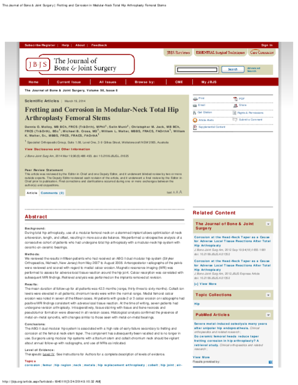 (PDF) Fretting and Corrosion in Modular-Neck Total Hip Arthroplasty ...