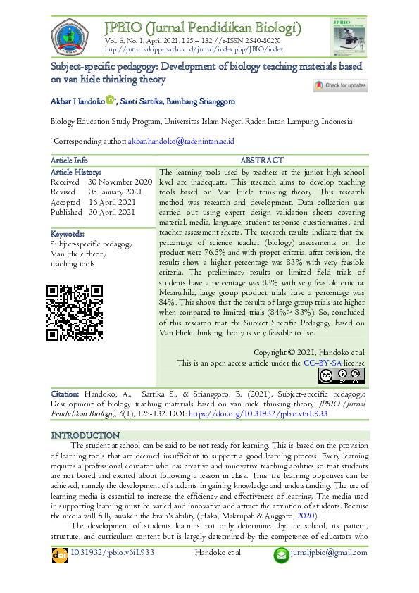 (PDF) Subject-specific pedagogy: Development of biology teaching ...