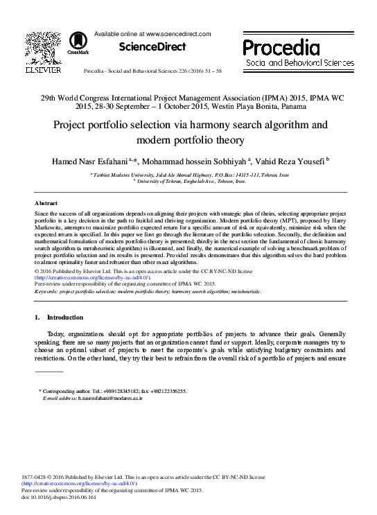 (PDF) Project Portfolio Selection via Harmony Search Algorithm and Modern Portfolio Theory