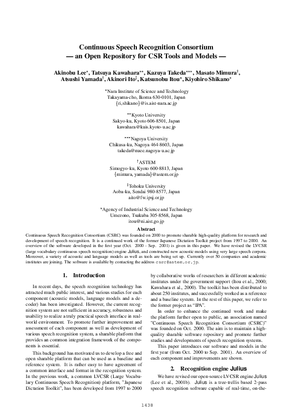 (PDF) Continuous Speech Recognition Consortium: an Open Repository for CSR Tools and Models