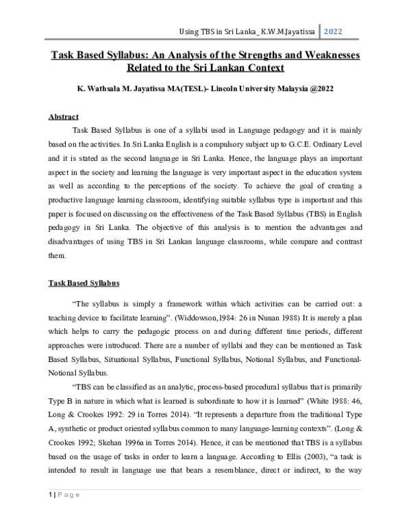 (DOC) Task Based Syllabus: An Analysis of the Strengths and Weaknesses ...