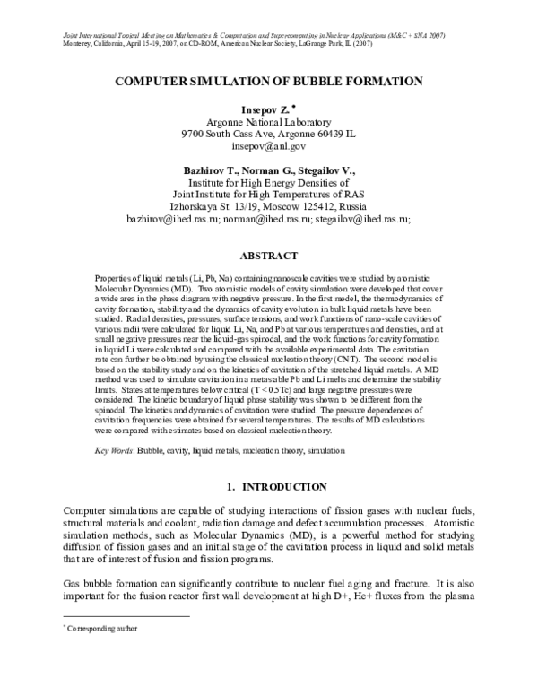(PDF) Computer Simulation Of Bubble Formation
