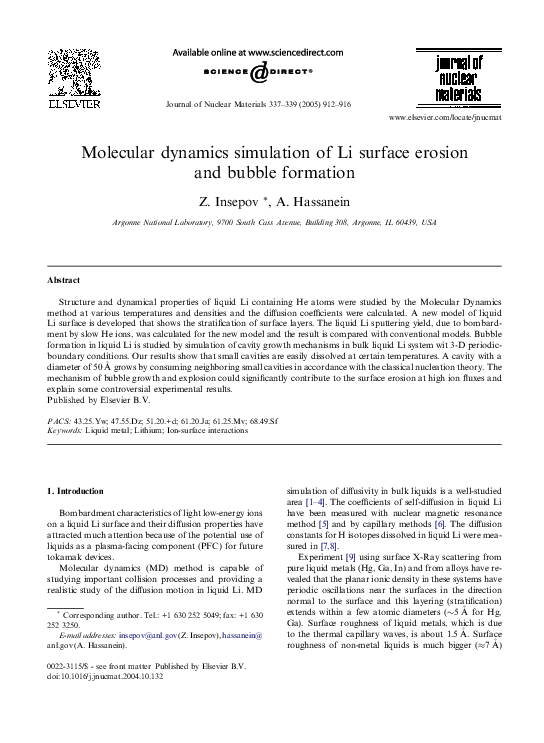 (PDF) Molecular dynamics simulation of Li surface erosion and bubble formation