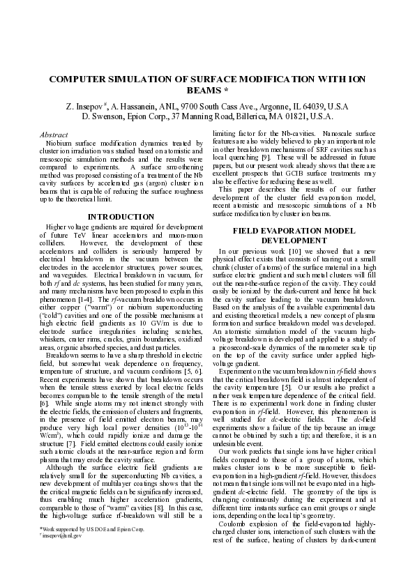 (PDF) Computer simulation of surface modification with ion beams | Zeke Insepov - Academia.edu