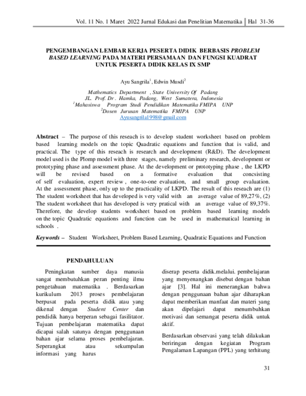 (PDF) Pengembangan Lembar Kerja Peserta Didik Berbasis Problem Based Learning Pada Materi ...