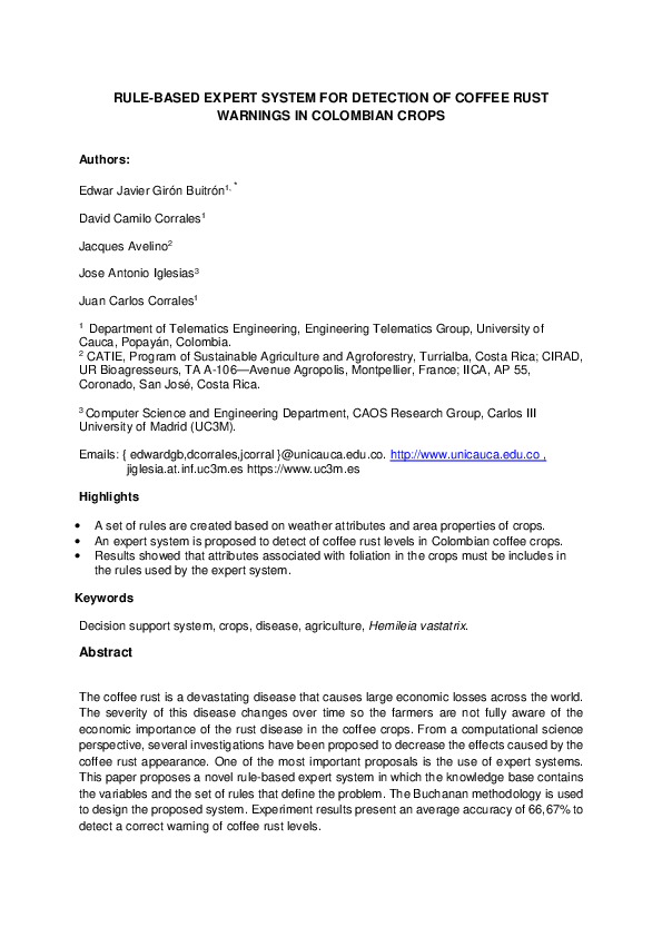 (PDF) Rule-based expert system for detection of coffee rust warnings in colombian crops