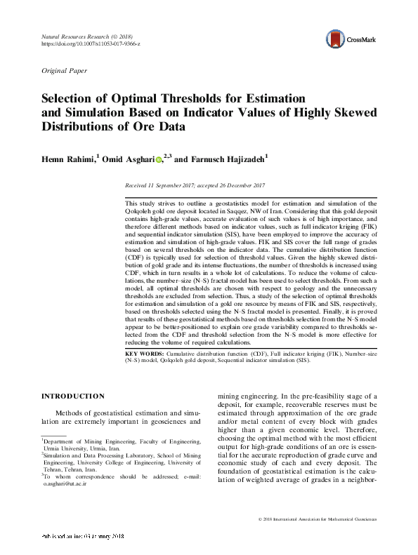 (PDF) Selection of Optimal Thresholds for Estimation and Simulation Based on Indicator Values of ...