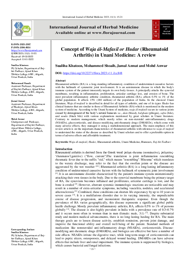 (PDF) Concept of Waja ál-Mafasil or Hudar (Rheumatoid Arthritis) in ...