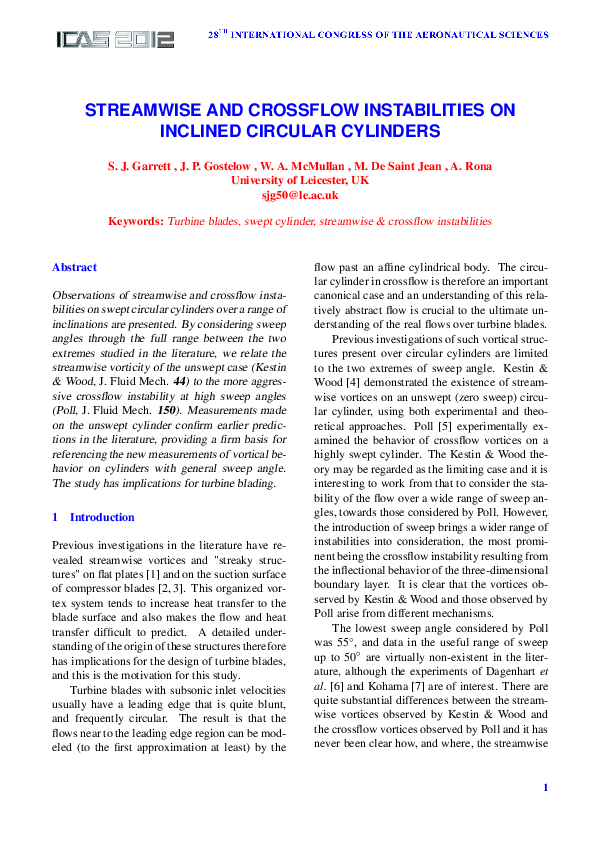 (PDF) Streamwise and Crossflow Instabilities on Inclined Circular Cylinders