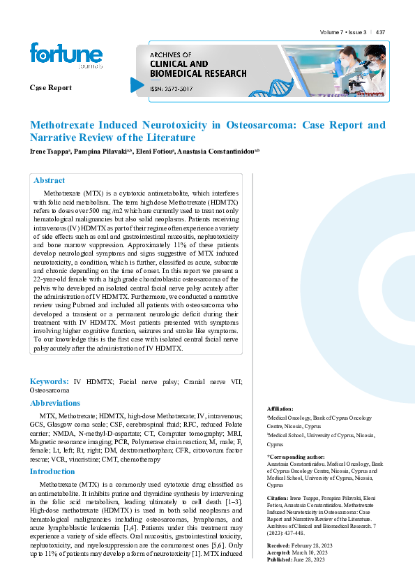 (PDF) Methotrexate Induced Neurotoxicity in Osteosarcoma: Case Report ...