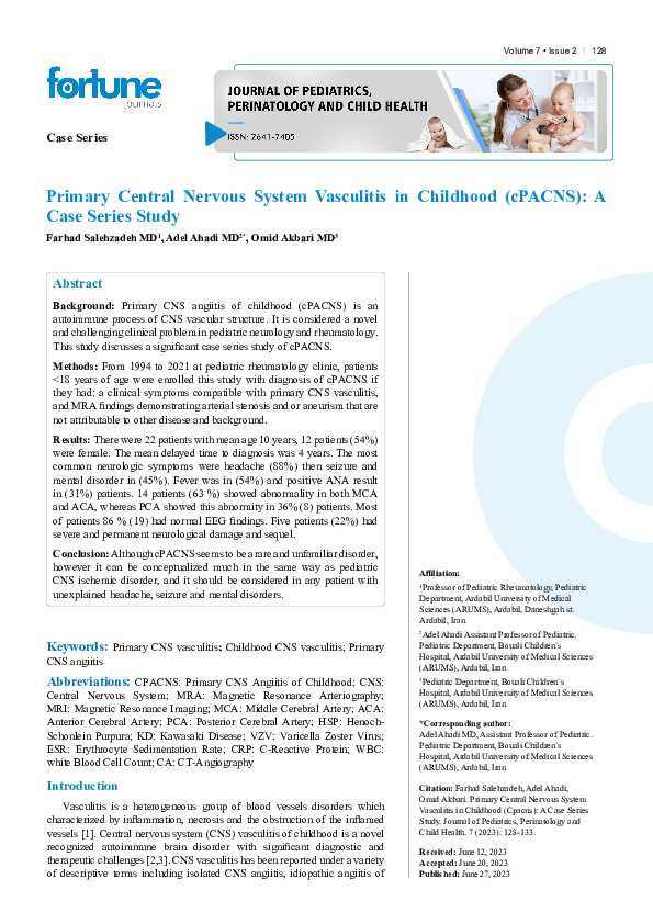 (PDF) Primary Central Nervous System Vasculitis in Childhood (cPACNS): A Case Series Study