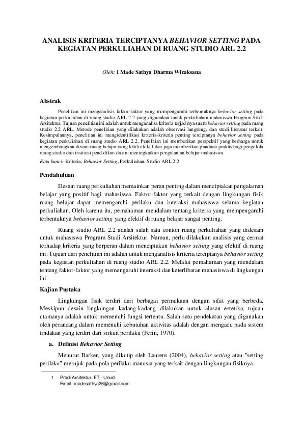 (PDF) ANALISIS KRITERIA TERCIPTANYA BEHAVIOR SETTING PADA KEGIATAN ...