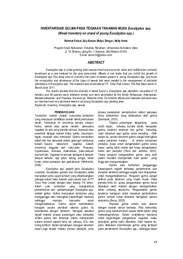 (PDF) INVENTARISASI GULMA PADA TEGAKAN TANAMAN MUDA Eucalyptus spp ...