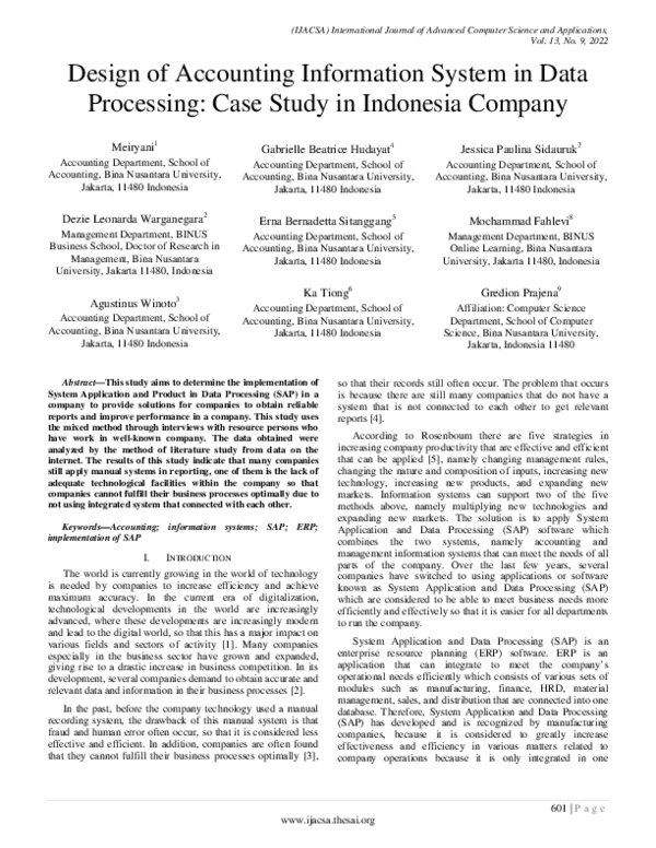 (PDF) Design of Accounting Information System in Data Processing: Case Study in Indonesia Company