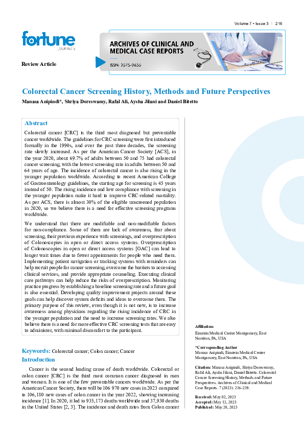 (PDF) Colorectal Cancer Screening History, Methods and Future Perspectives