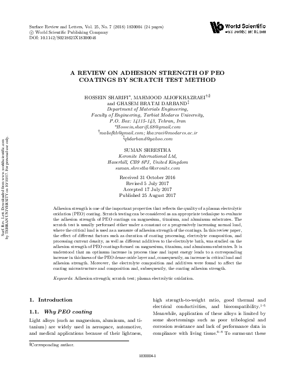 (PDF) A Review on Adhesion Strength of Peo Coatings by Scratch Test Method