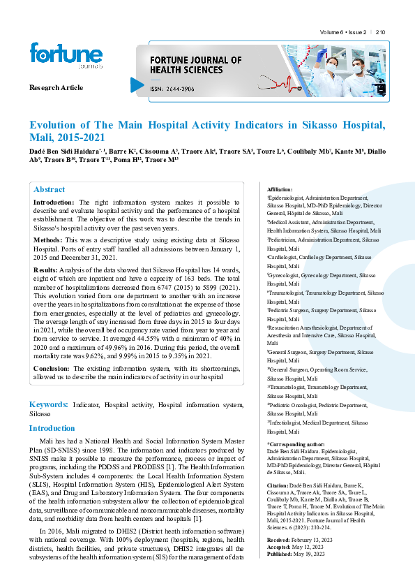 (PDF) Evolution of The Main Hospital Activity Indicators in Sikasso ...