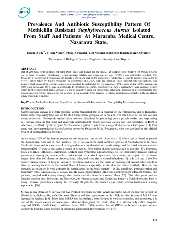 (PDF) Prevalence And Antibiotic Susceptibility Pattern Of Methicillin Resistant Staphylococcus ...