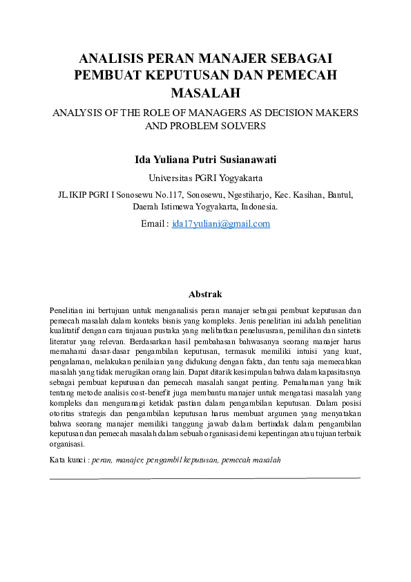 (PDF) ANALISIS PERAN MANAJER SEBAGAI PEMBUAT KEPUTUSAN DAN PEMECAH ...