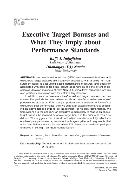 (PDF) Executive Target Bonuses and What They Imply about Performance ...