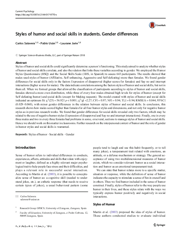 (PDF) Styles of humor and social skills in students. Gender differences