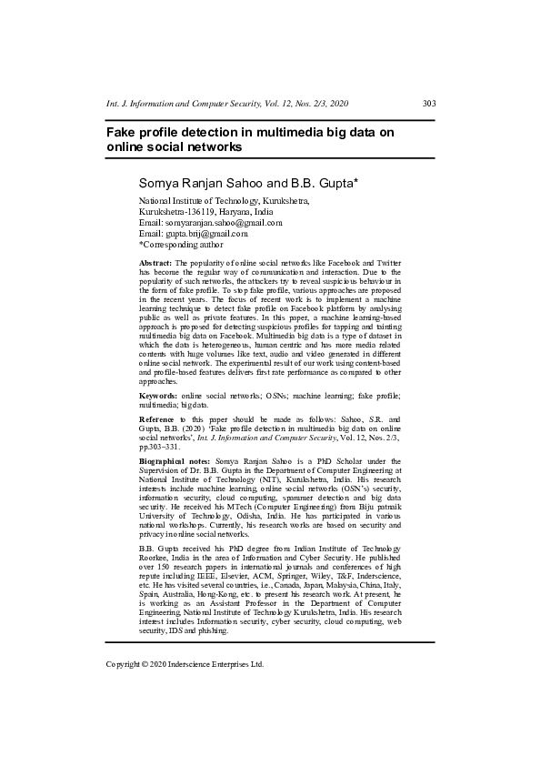 (PDF) Fake profile detection in multimedia big data on online social networks