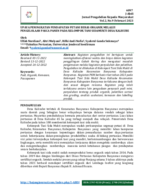 (PDF) Upaya Peningkatan Pendapatan Petani Beras Organik Melalui Pengelolaan Pasca Panen Pada ...