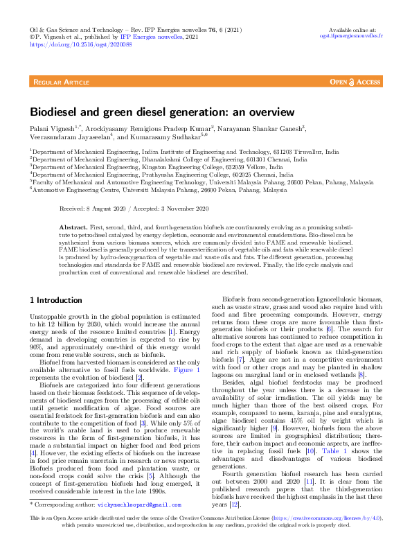 (PDF) Biodiesel and green diesel generation: an overview