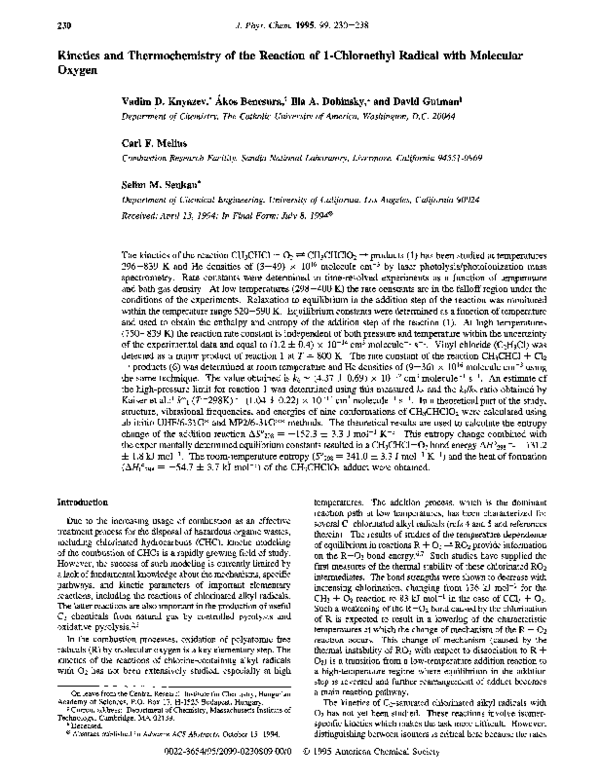 (PDF) Kinetics and Thermochemistry of the Reaction of 1-Chloroethyl ...