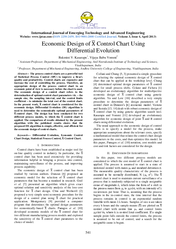 Pdf Economic Design Of ̅ Control Chart Using Differential Evolution