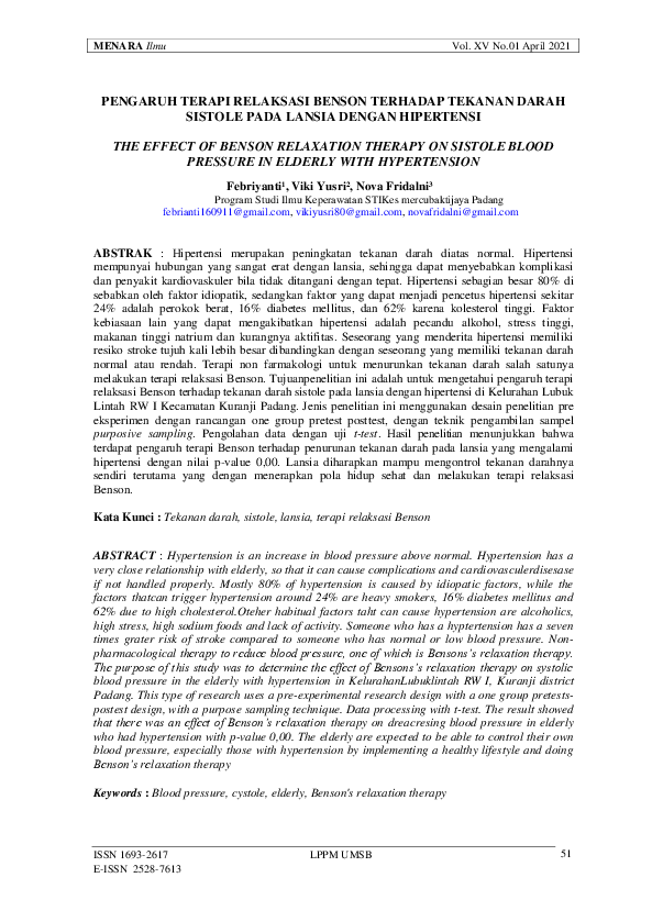 (PDF) Pengaruh Terapi Relaksasi Benson Terhadap Tekanan Darah Sistole ...