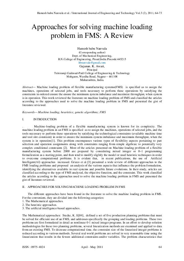 (PDF) Approaches for solving machine loading problem in FMS: A Review