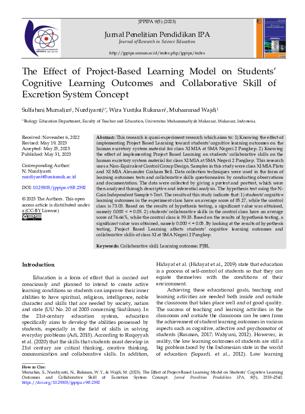 (PDF) Effect of Project-Based Learning Model on Students’ Cognitive ...