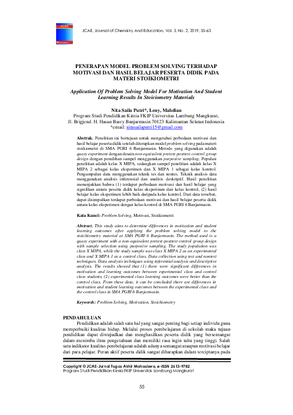 (PDF) Penerapan Model Problem Solving Terhadap Motivasi Dan Hasil Belajar Peserta Didik Pada ...