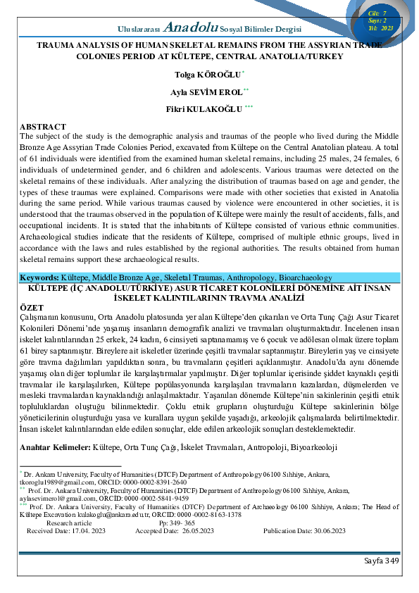 (PDF) TRAUMA ANALYSIS OF HUMAN SKELETAL REMAINS FROM THE ASSYRIAN TRADE ... (PDF) TRAUMA ANALYSIS OF HUMAN SKELETAL REMAINS FROM THE ASSYRIAN TRADE ...