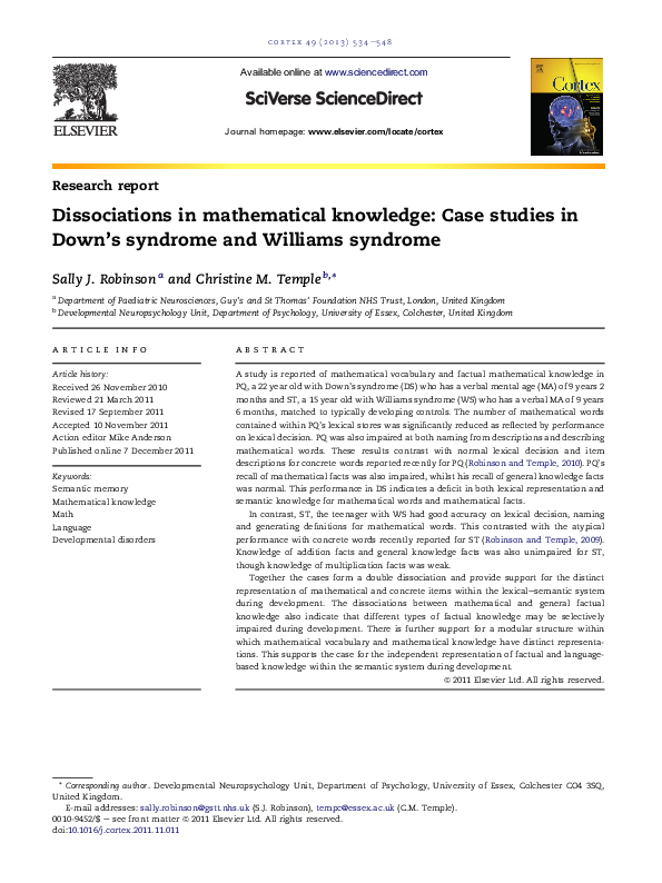 (PDF) Dissociations in mathematical knowledge: Case studies in Down’s ...
